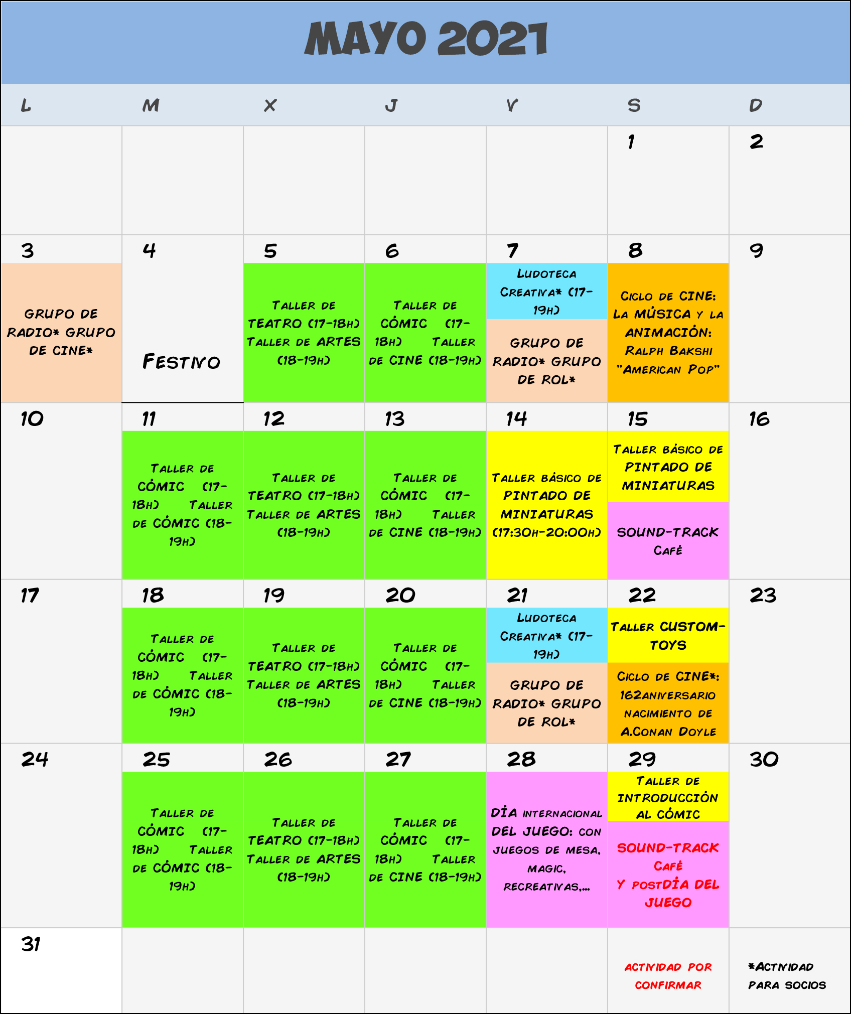 CALENDARIO de EVENTOS y TALLERES para MAYO!