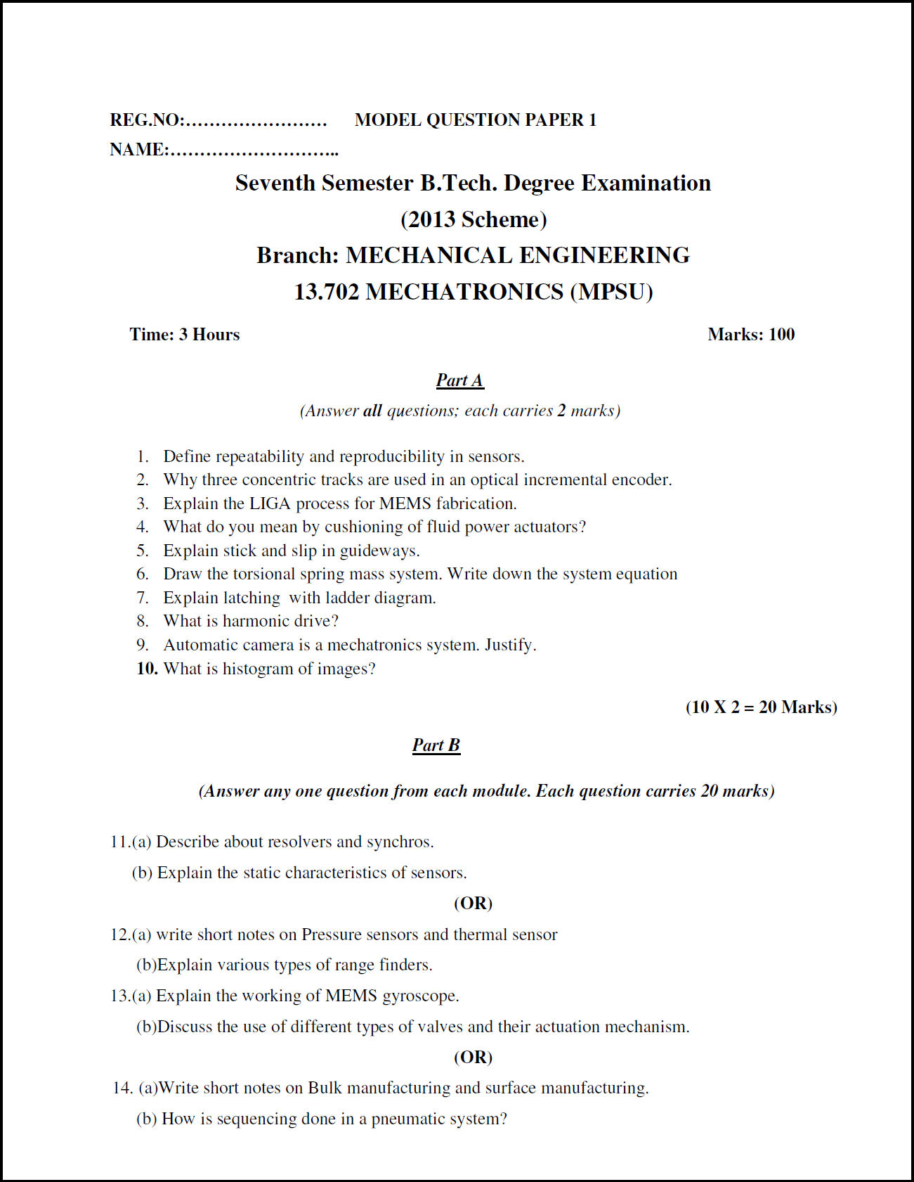 Kerala University B Tech Mechatronics ( MPSU ) 2016 Question Paper ...