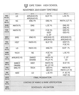 Cape Town High School: CTHS Exams Timetables Grades 8 to 11 November '19
