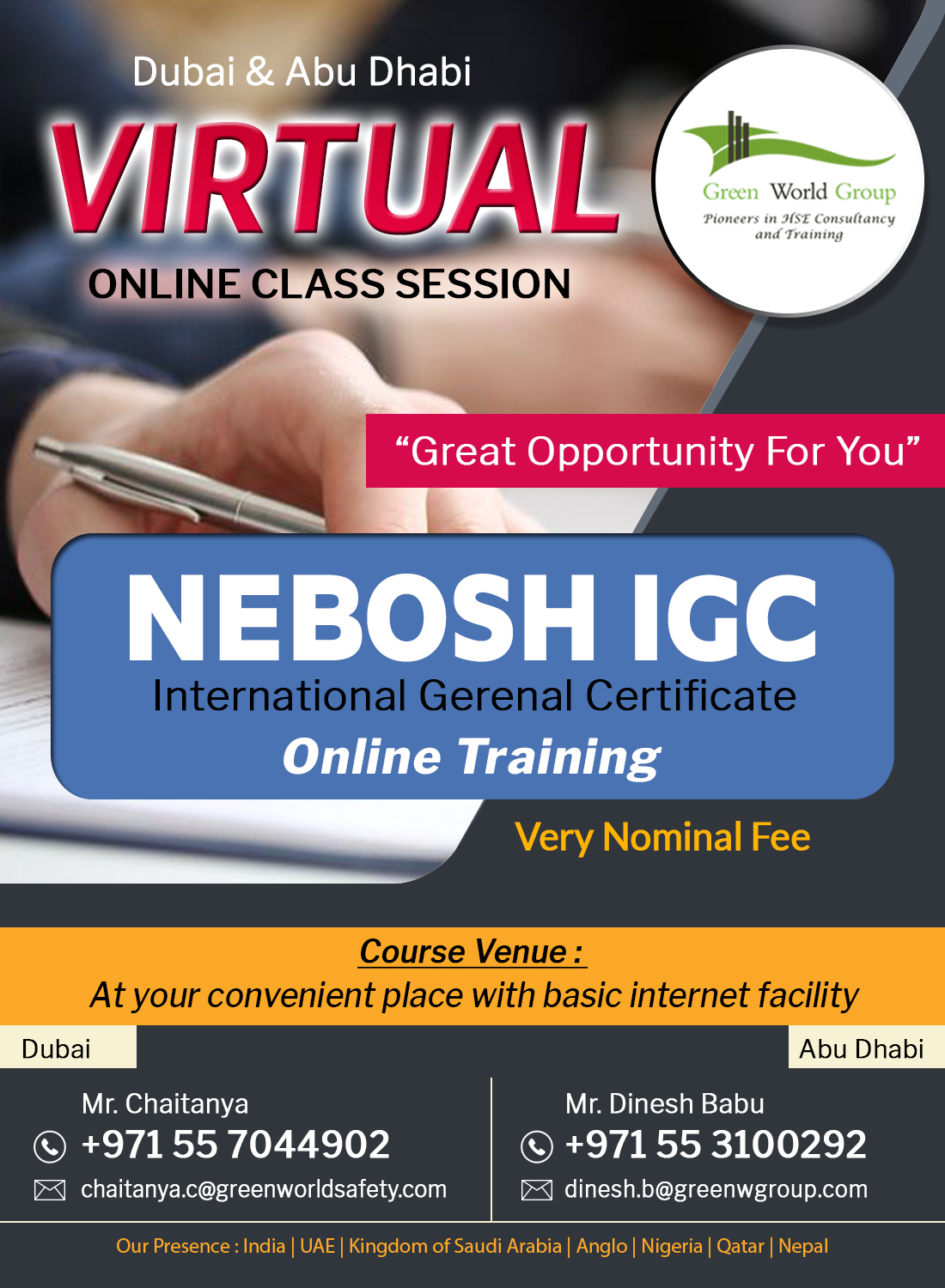 NEBOSH IGC ONLINE COURSE IN UAE- VIRTUAL/LIVE TRAINING - Nebosh and Safety Certification Program ...