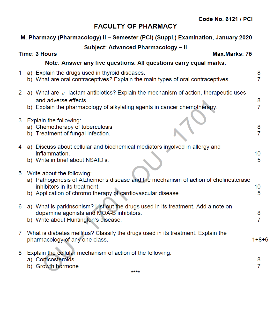 Osmania University M. Pharmacy (Pharmacology) II-Semester (PCI) (Suppl ...