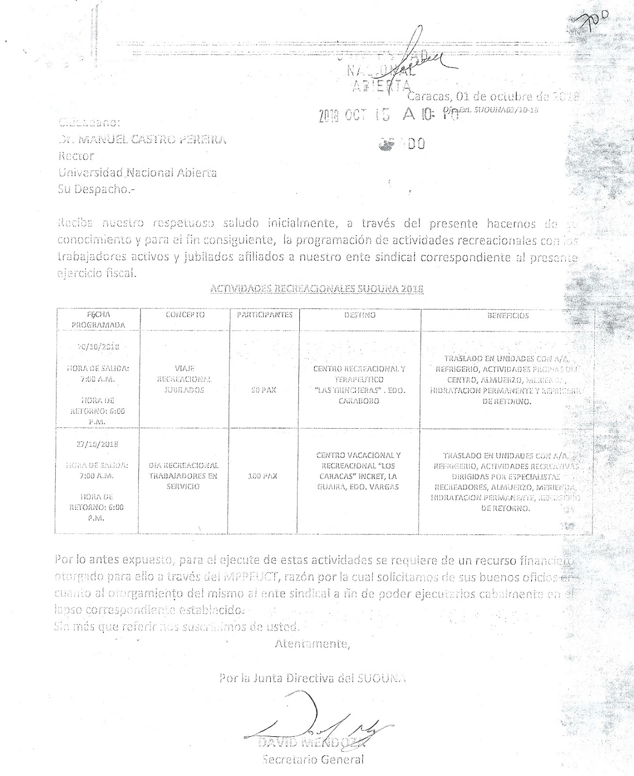 Representación del MPPEU en el Consejo Directivo de la UNA: octubre 2018