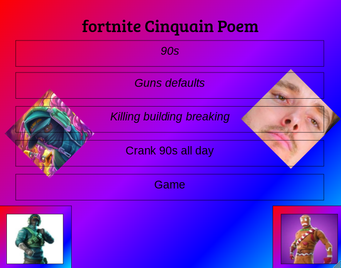 Bailey R@South Hornby Primary: fortnite cinquain poem