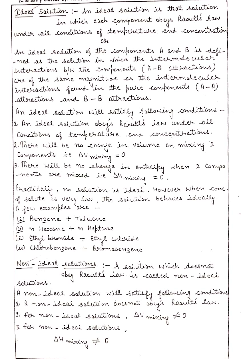 SOLUTION HANDWRITTEN NOTES FOR CLASS 12TH CHEMISTRY