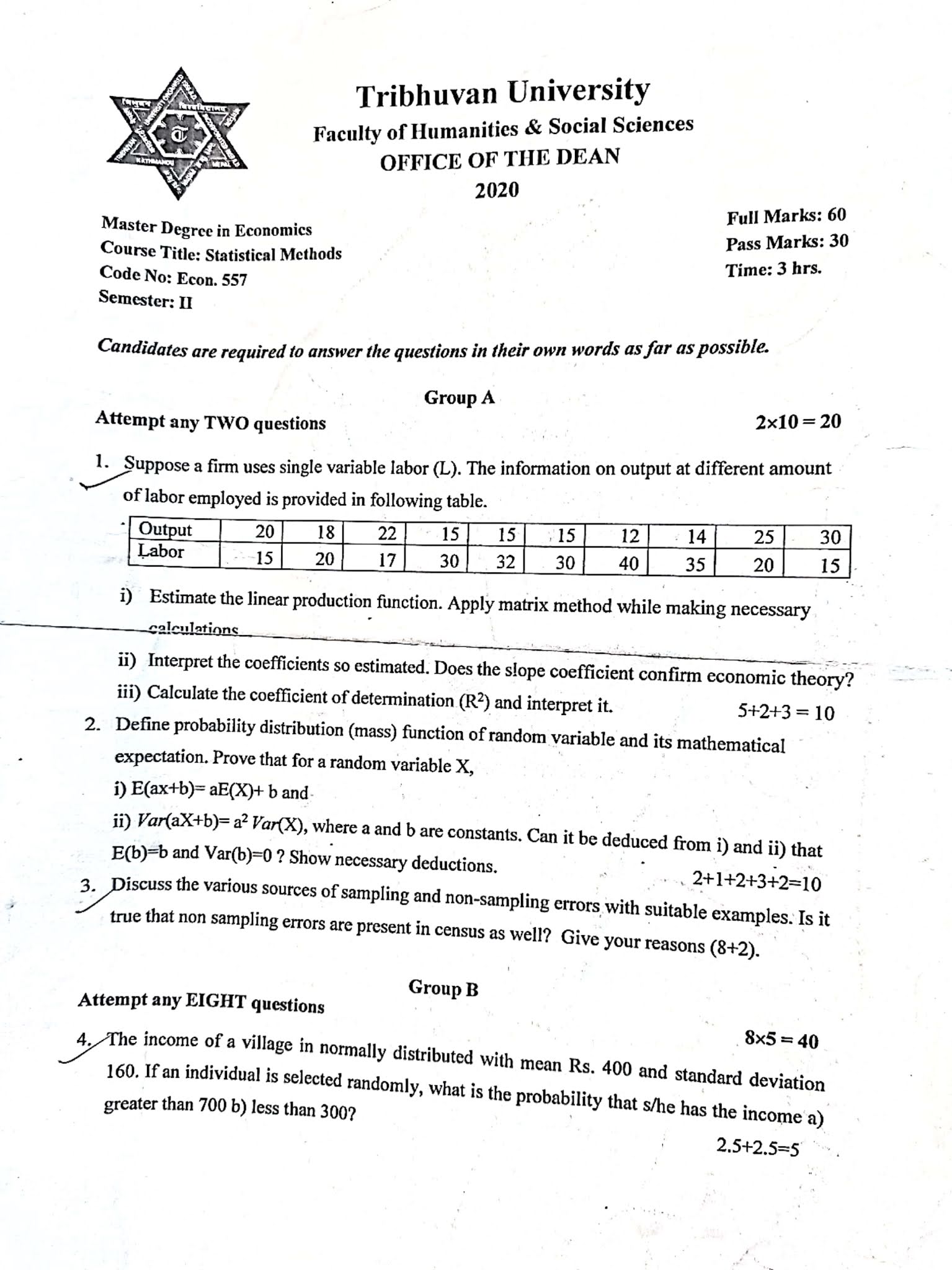Old Question | TU | MA in Economics | Statistical Methods - Eco 557 ...