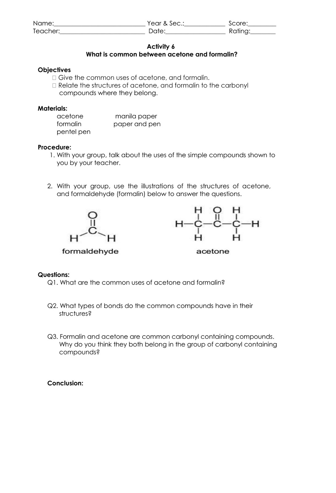 Science Concepts and Questions (K to 12): Organic Compounds Activities