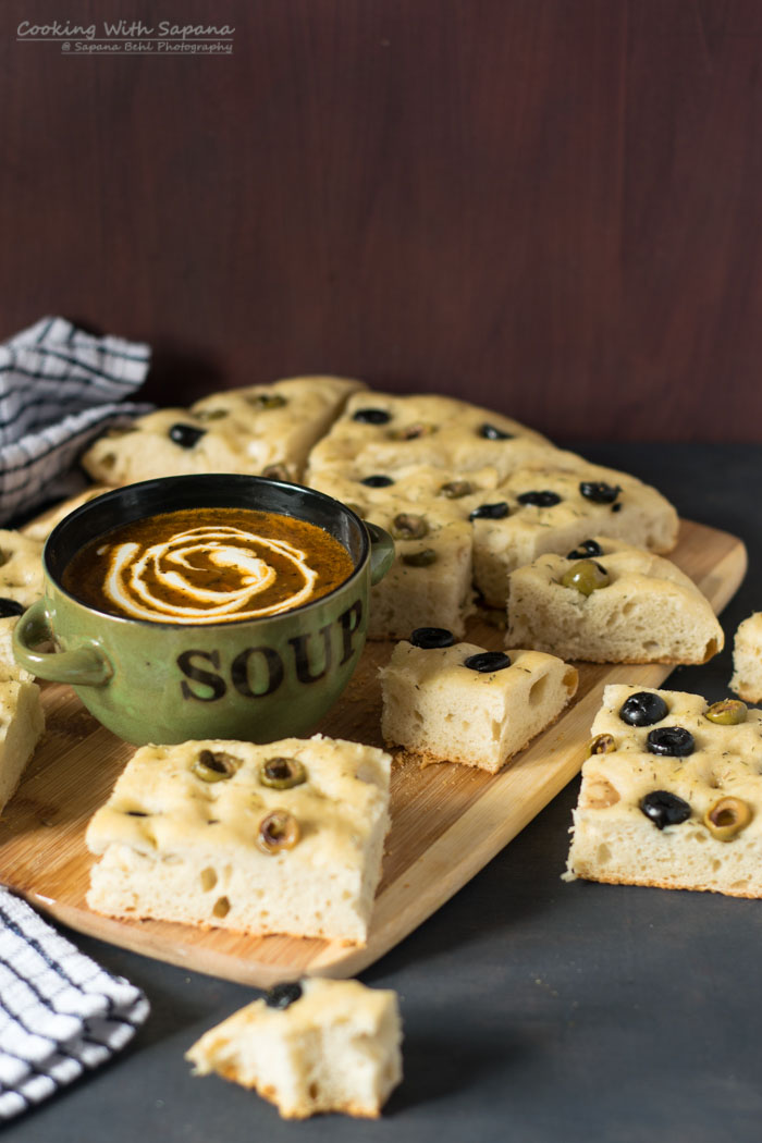 Olives Focaccia with Roasted Tomato Kale Soup - Cooking With Sapana