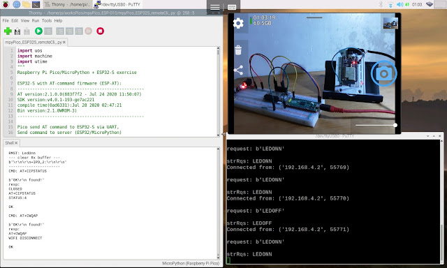 Hello Raspberry Pi: RPi Pico + ESP32-S remote control ESP32-DevKitC via WiFi TCP, using MicroPython.