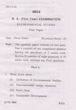 CDLU B.A 1st Year Environmental Studies First Paper 2013 Question Paper ...