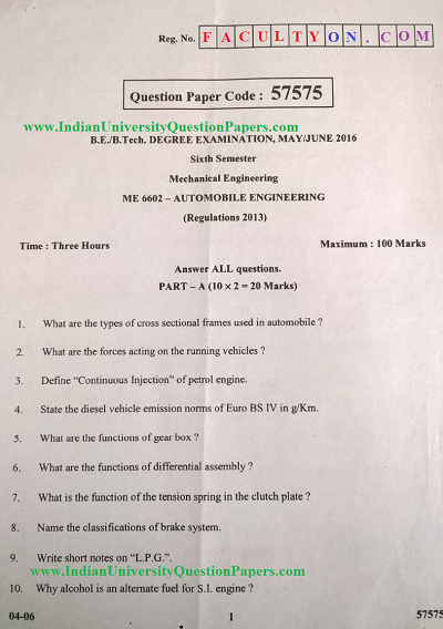 ME6002 Automobile Engineering May June 2016 Question Paper - University ...