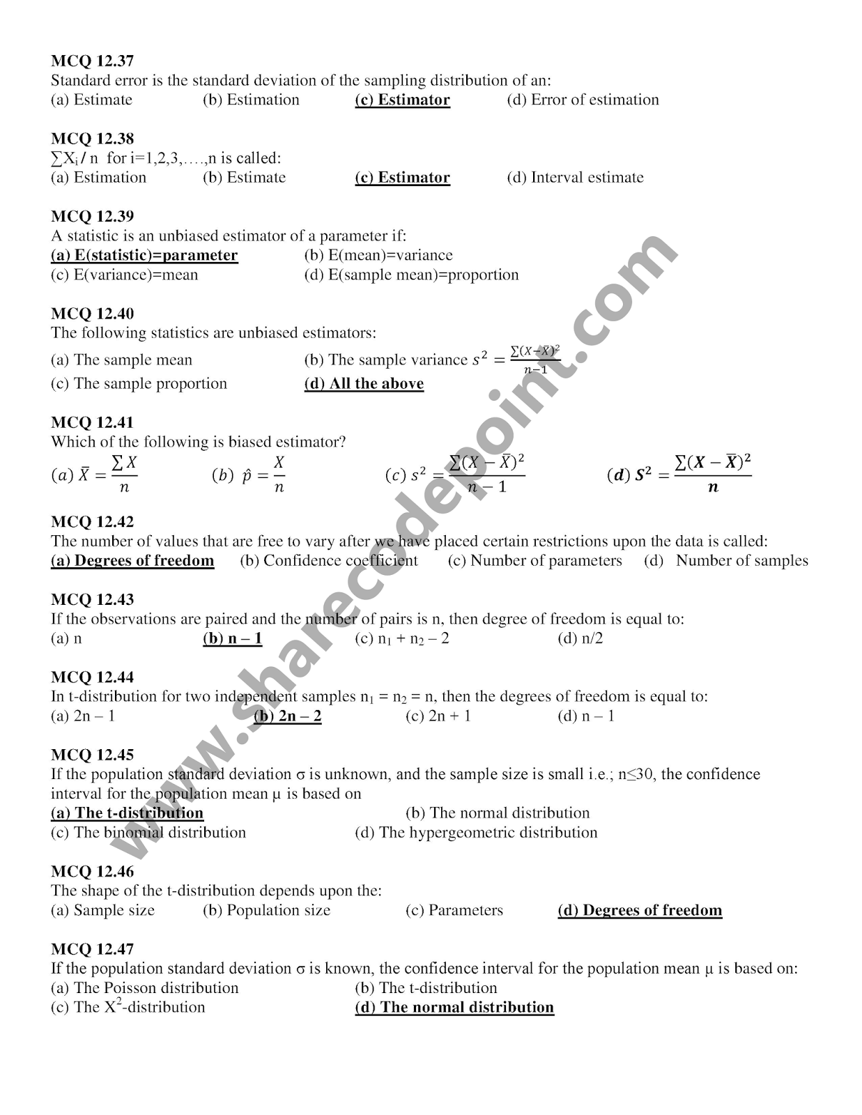 MTH302 : Probability And Statistics (Interval Estimation) MCQ Questions for Mid Term & End Term ...