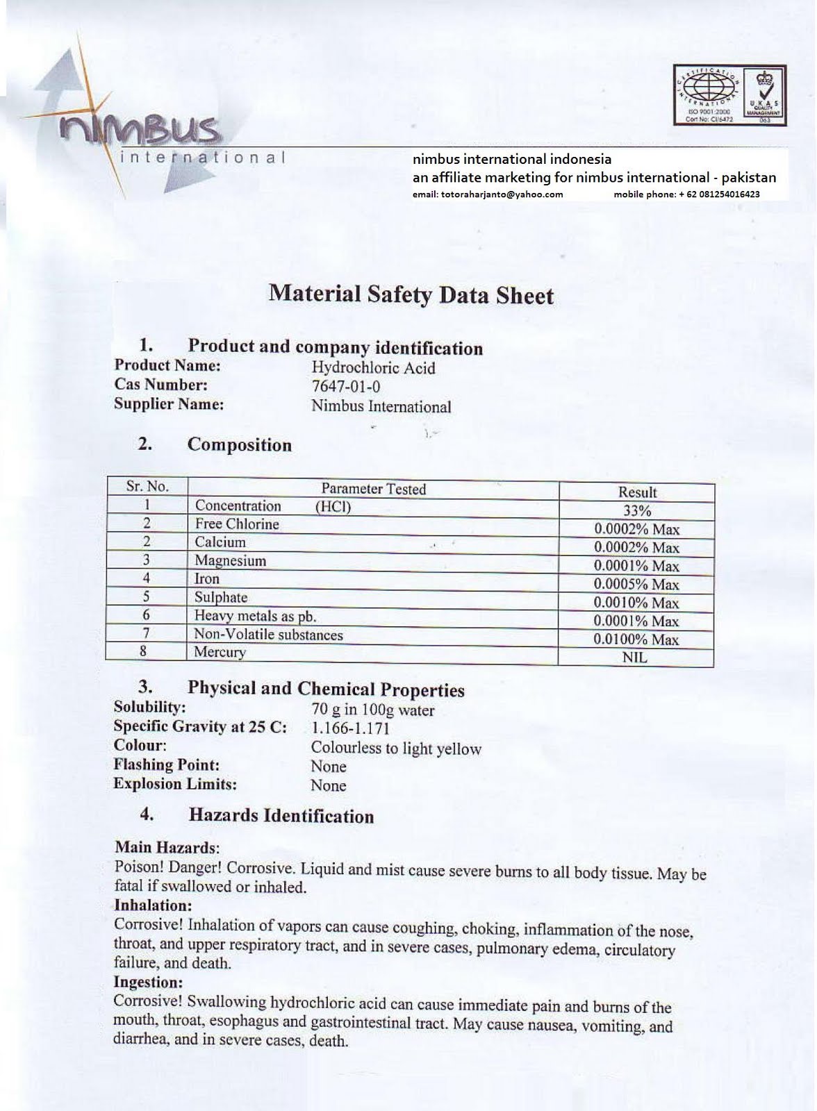 Hcl Msds