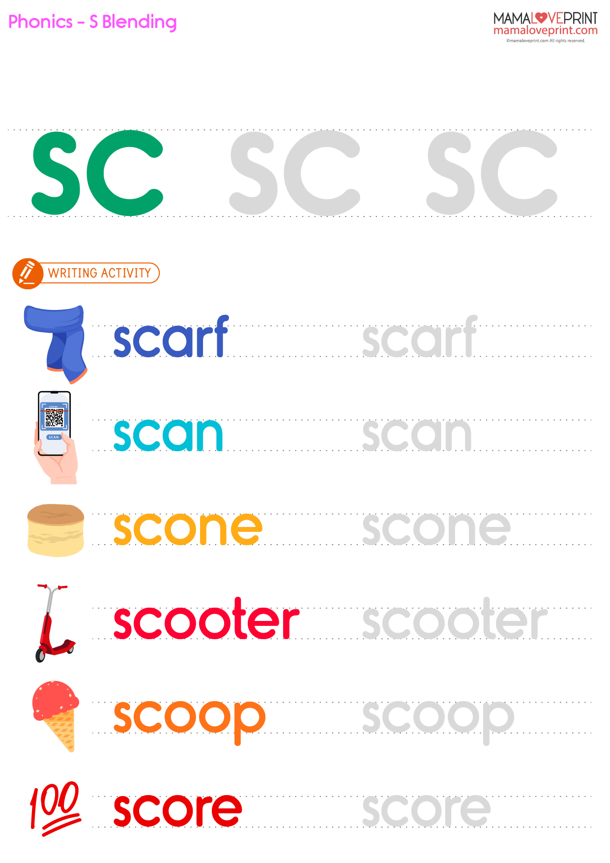 MamaLovePrint 自製工作紙 - Phonics Resources 英文拼音練習 S-Blend (sc , sk , sl ...