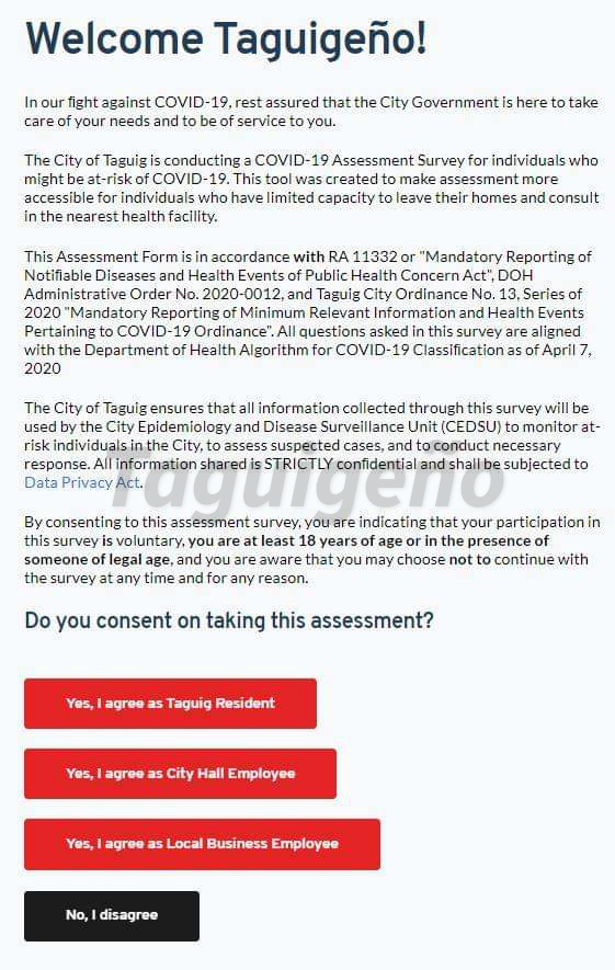 I did a COVID-19 online assessment using Taguig City's SMART Testing ...