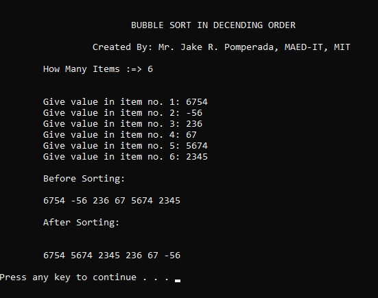 Free Programming Source Codes and Computer Programming Tutorials: BUBBLE SORT IN DECENDING ORDER