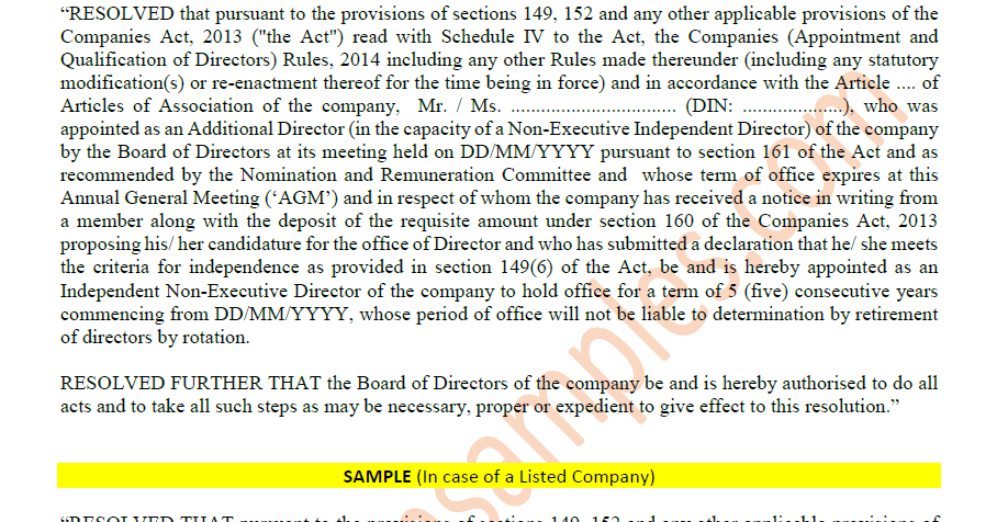 AGM Resolution Format for Appointment of Independent Director