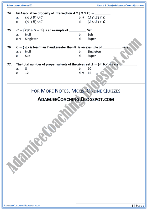 Adamjee Coaching: Sets - MCQs - Mathematics Notes for Class 10th