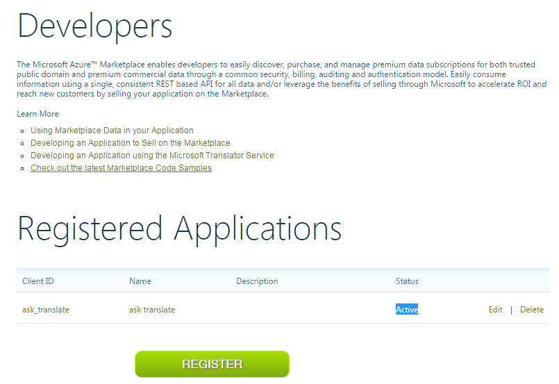 1. Bing Translator API register 1. Bing Translator API register