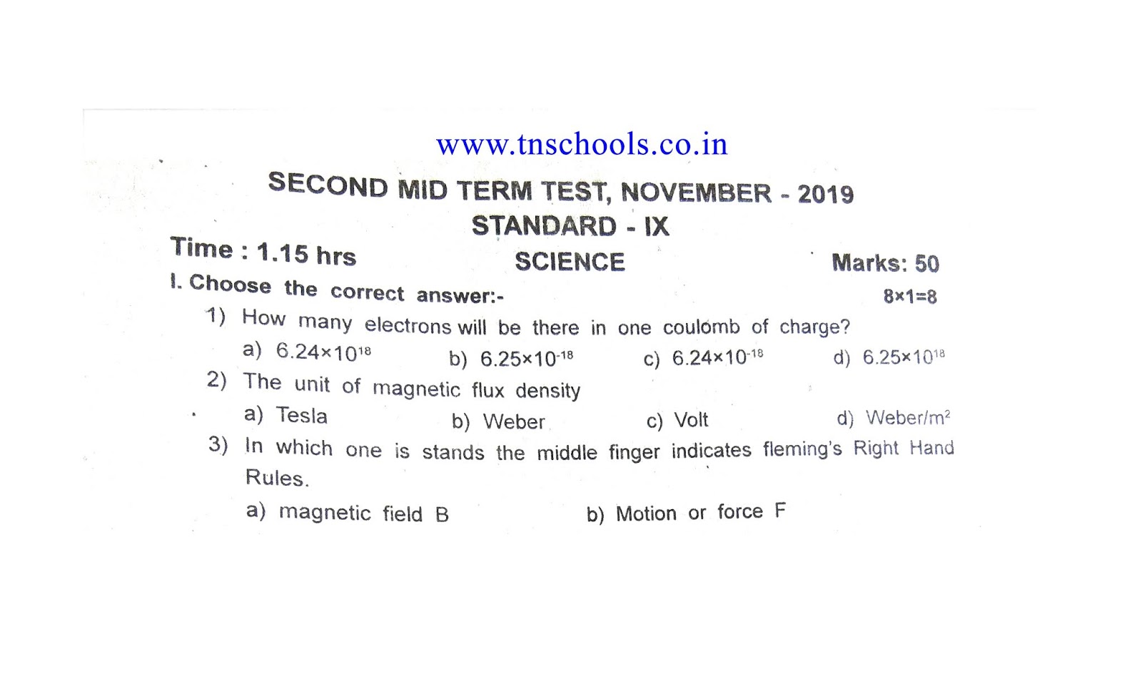 9th Std Science Second Mid Term Question Paper (English Medium) - 2019
