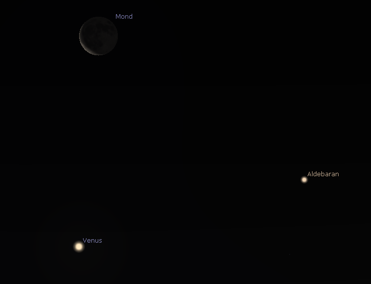 Lichtecho: Stelldichein im Morgengrauen: Mond, Venus und Aldebaran
