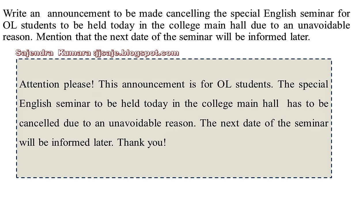 English Model Activities O/ L : NOTICES , PERSONAL NOTES AND ANNOUNCEMENTS