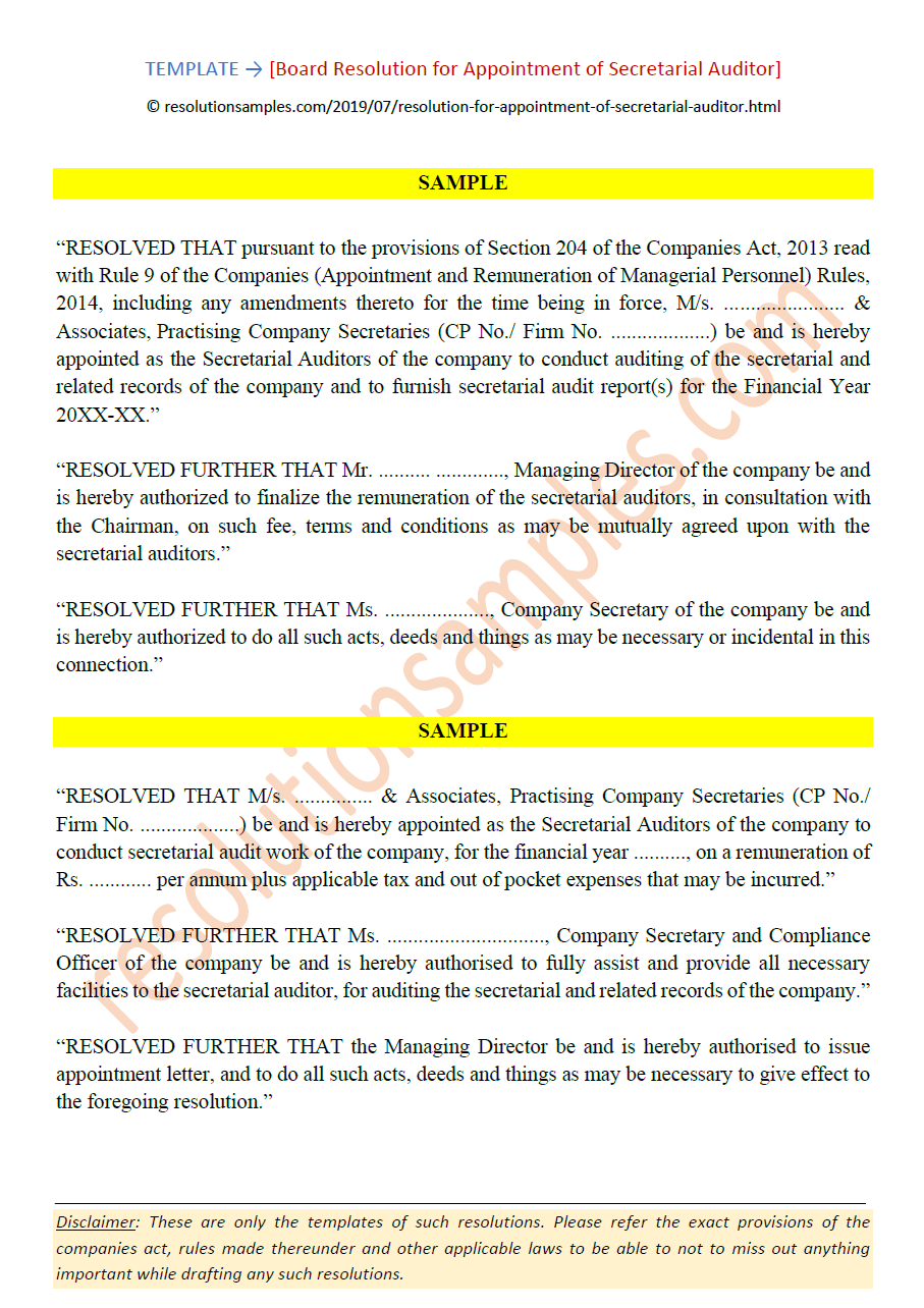 Board Resolution For Appointment Of Secretarial Auditor Format Board Resolution For Appointment Of Secretarial Auditor Format
