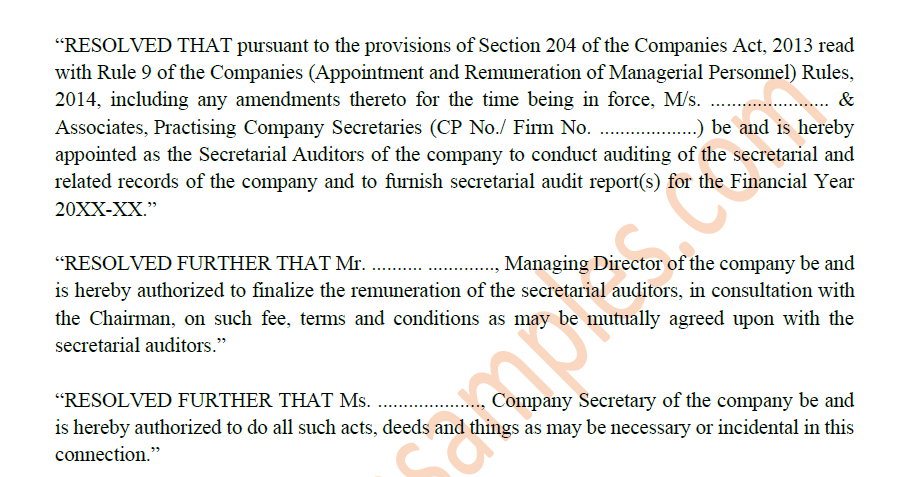 Board Resolution for Appointment of Secretarial Auditor (Format)