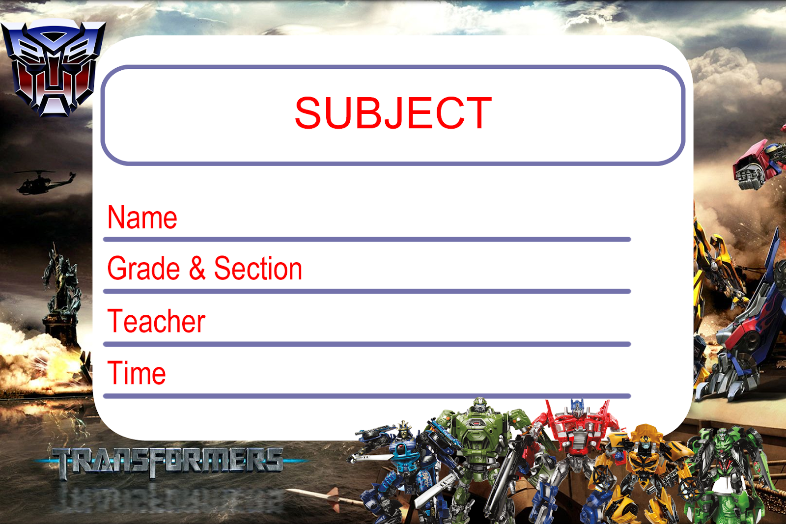 Editable Subject Label Transformer Character - Printable PNG Frames ...