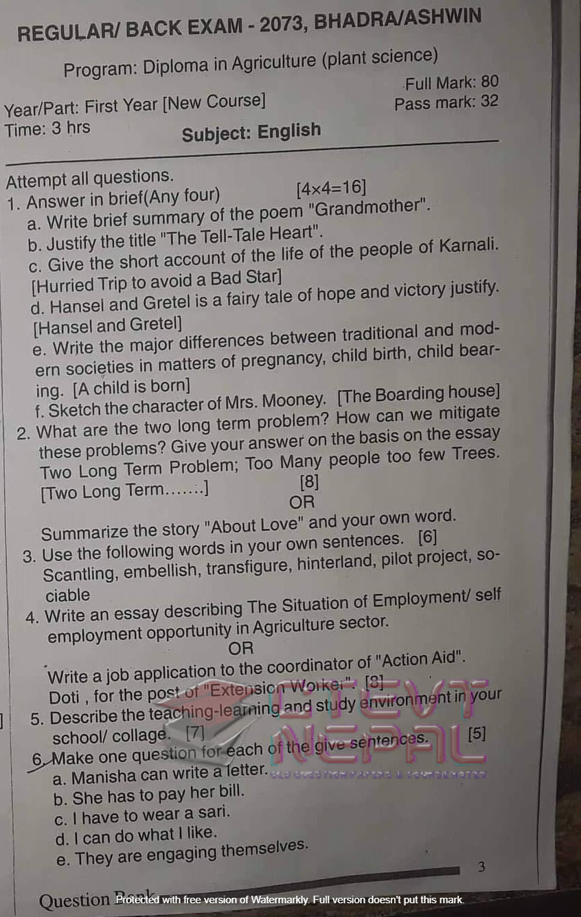 AG English - 1st Year Question Papers CTEVT | Diploma in Agriculture ...