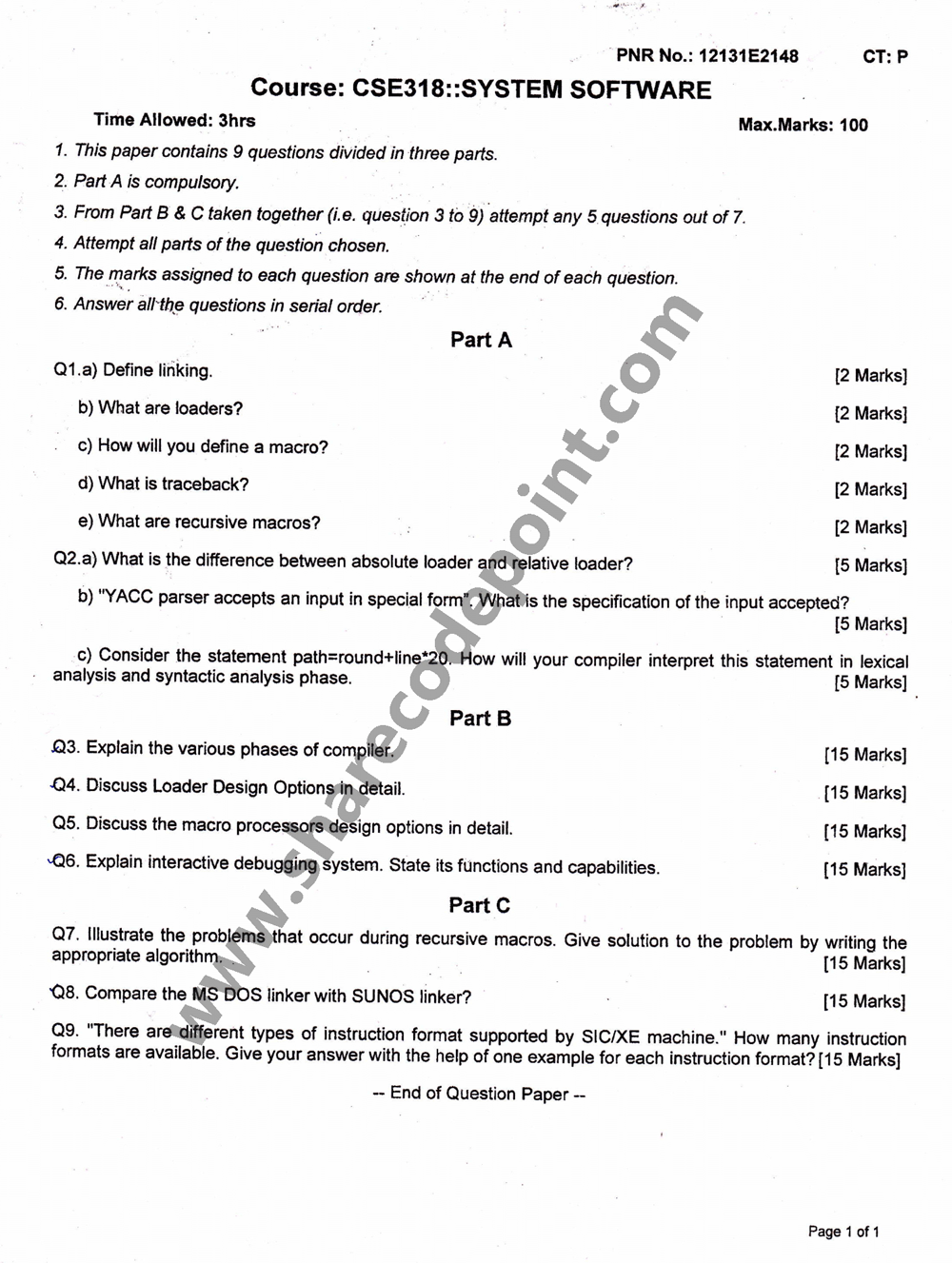 Cse318 System Software End Term Exam Question Paper