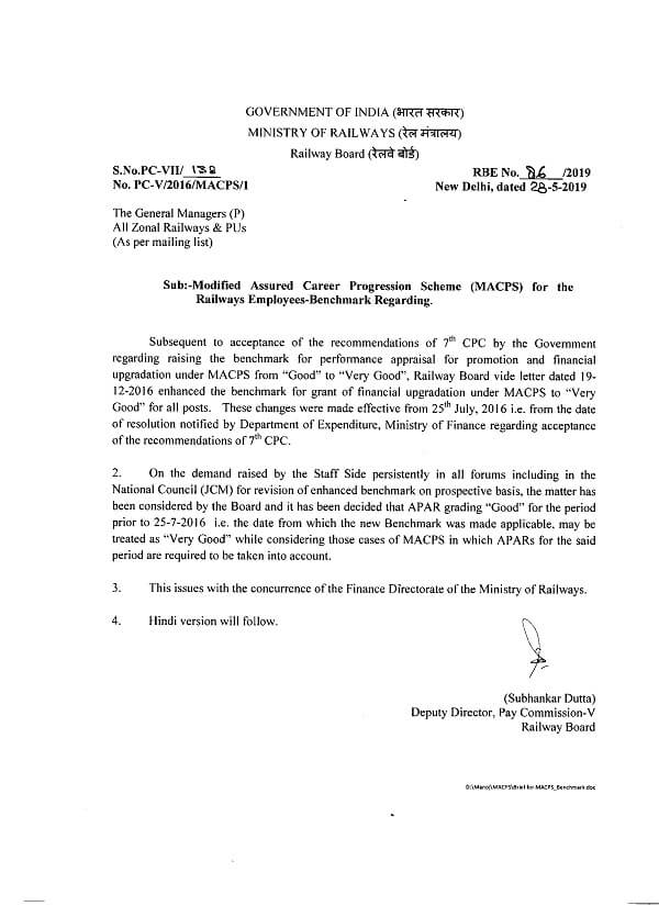 7th CPC MACP Benchmark for Railway Employees: APAR grading 'Good' for ... 7th CPC MACP Benchmark for Railway Employees: APAR grading 'Good' for ...