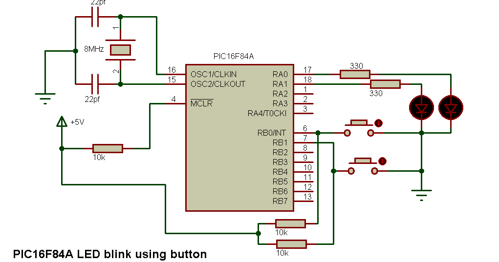 PIC Projects with CCS PIC C Compiler: PIC16F84A blink LED using push button