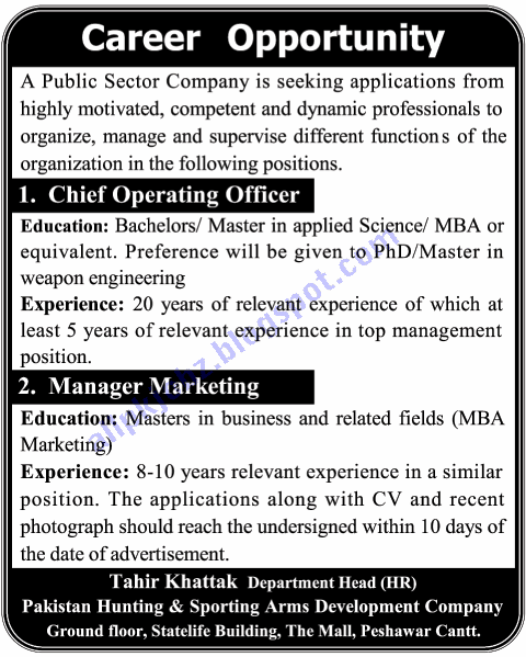 Marketing Manager & Cheif Operating Officer Jobs | Jobs in Pakistan ...