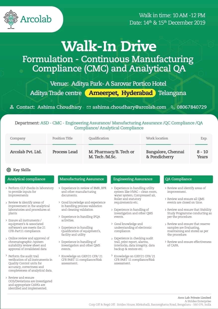 Arcolab is hiring for multiple positions | Walk in interview on 14 & 15 ...
