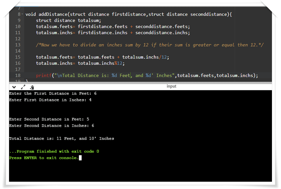 C Program to Add Two Distance Given as Input in Feet and Inches