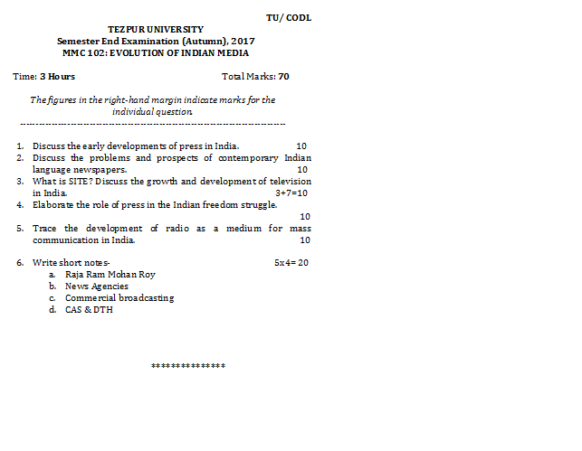 TEZPUR UNIVERSITY (TU/CODL) SEMESTER END MMC102: EVOLUTION OF INDIAN ...