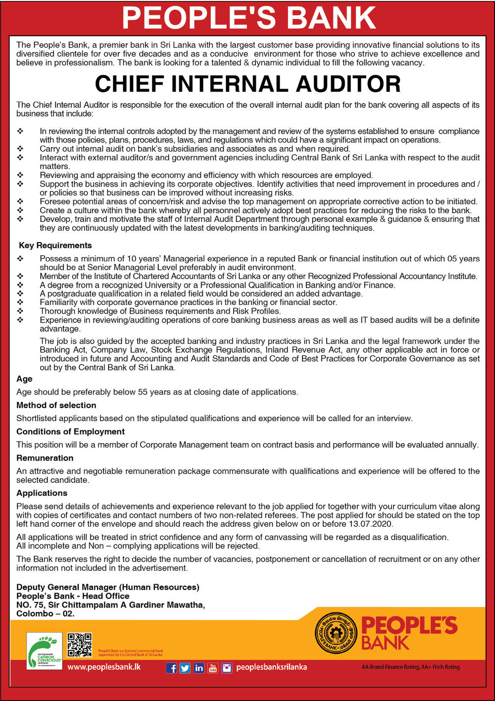 Chief Internal Auditor - Peoples Bank - SLDailyPlus