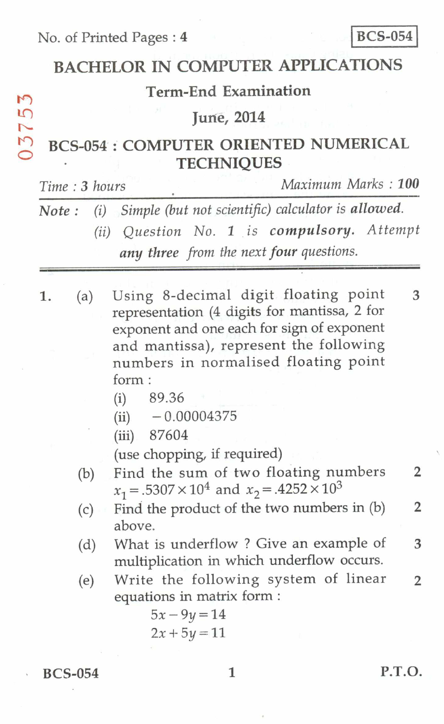 IGNOU BCA BCS-054 : COMPUTER ORIENTED NUMERICAL TECHNIQUES 2014 ...