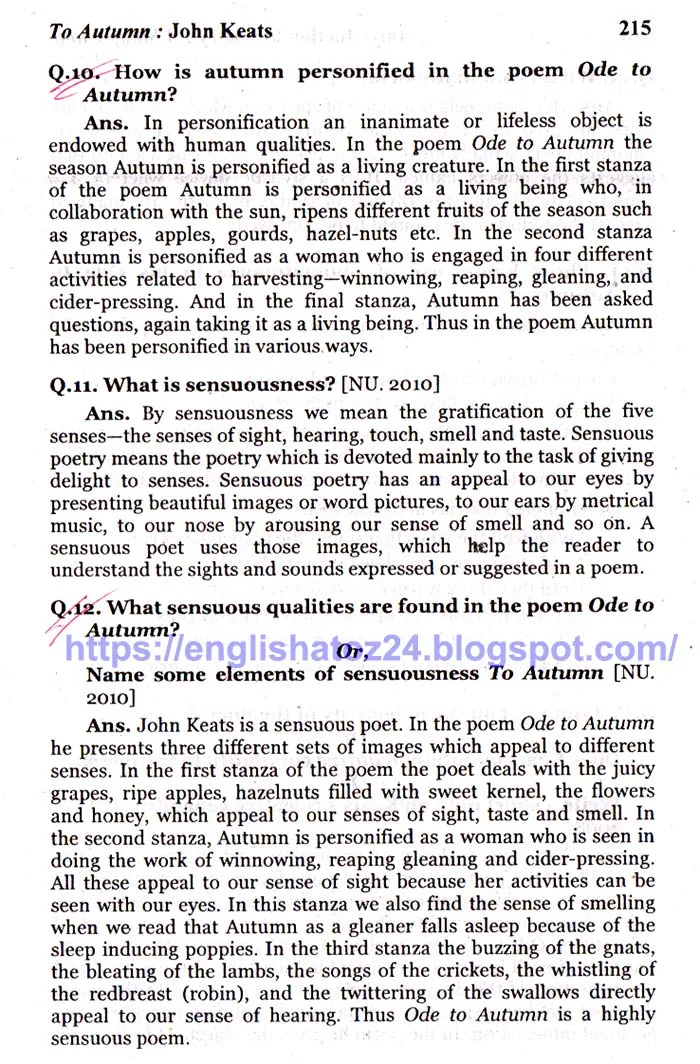Short Questions with Answers (To Autumn – John Keats) - English Grammar ...