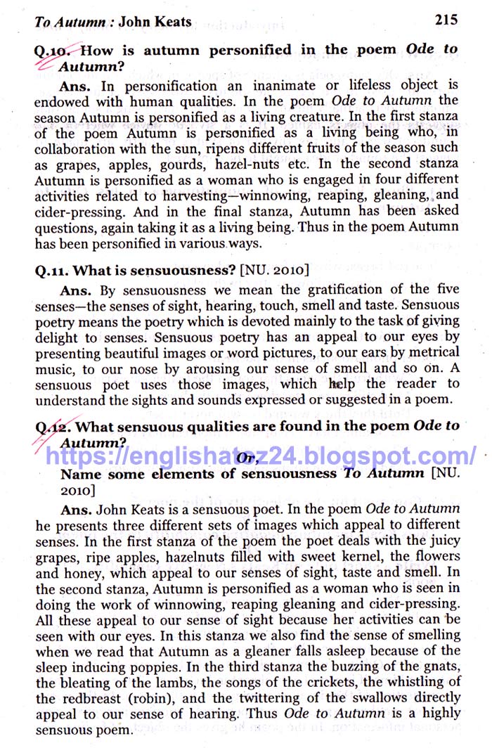 Short Questions with Answers (To Autumn – John Keats) - English Grammar ...