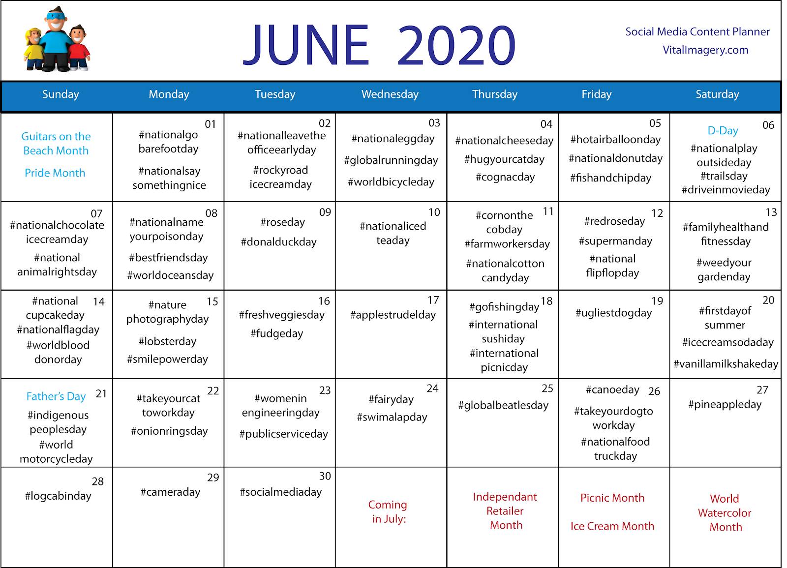Free Social Media Calendar - June 2020 - Clipart Blog