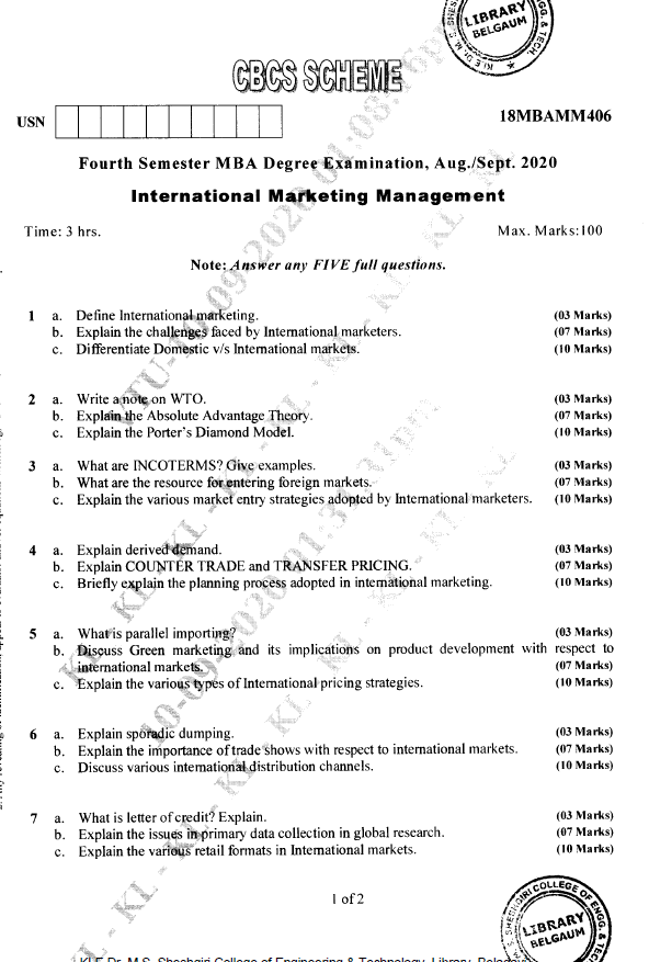 Visvesvaraya Technological University MBA (CBCS) Fourth Semester ...