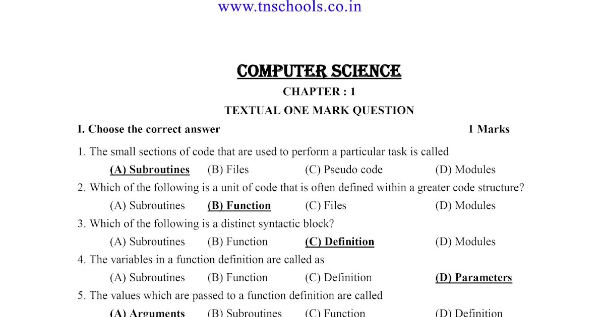 12th Std Computer Science New One Mark Question Study Materials ...