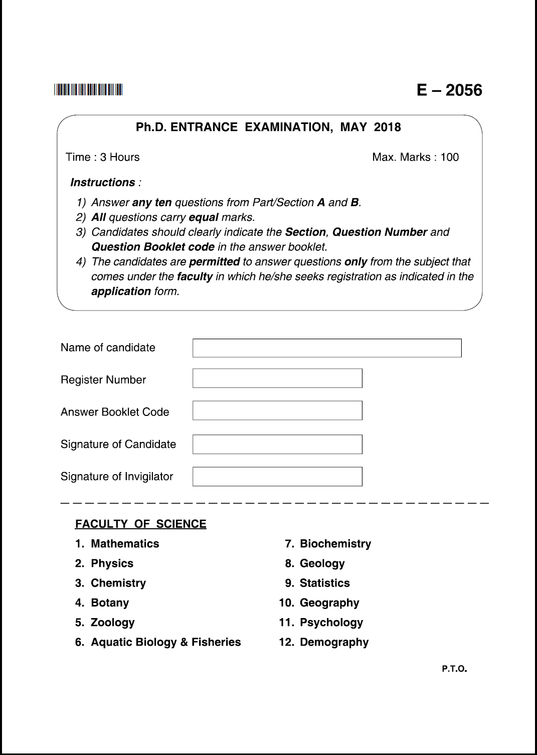 Kerala University Ph.D. Entrance Examination , May 2018 Question Paper ...