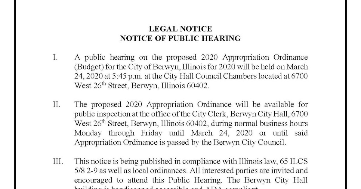 News Releases: Legal Notice: Public Hearing - 2020 Appropriation Ordinance
