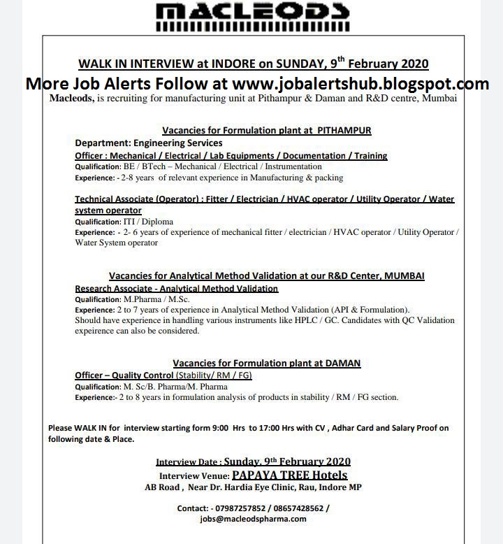 Macleods Pharma - Walk-In Interviews @ Indore & Vizag on 9th Feb' 2020 ...