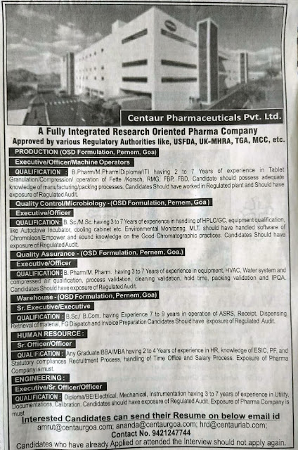 Centaur Pharmaceuticals Pvt. Ltd - Multiple Openings for Production ...