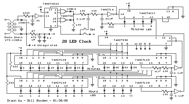 28 LED Clock Timer Circuit Schema With 74 HCT - My electronic