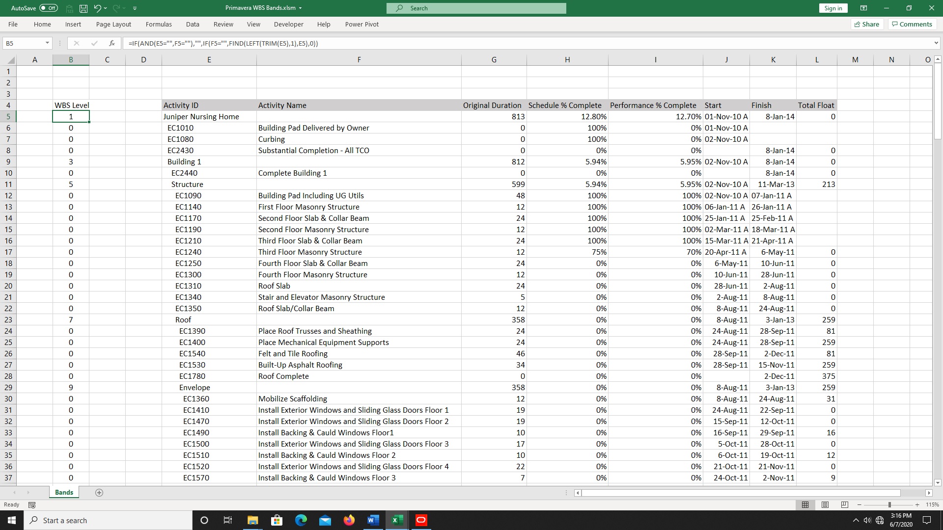 Primavera WBS Bands in Excel