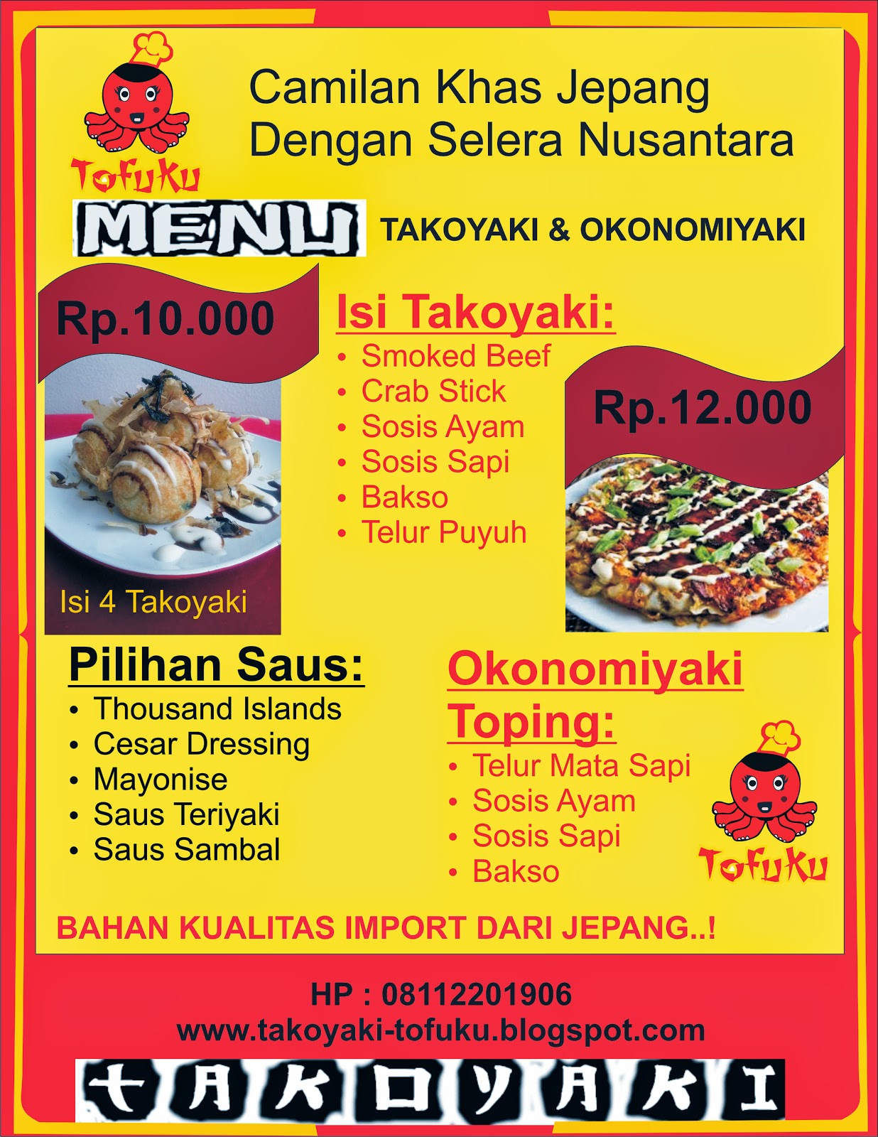 Takoyaki Tofuku: Pilihan Menu